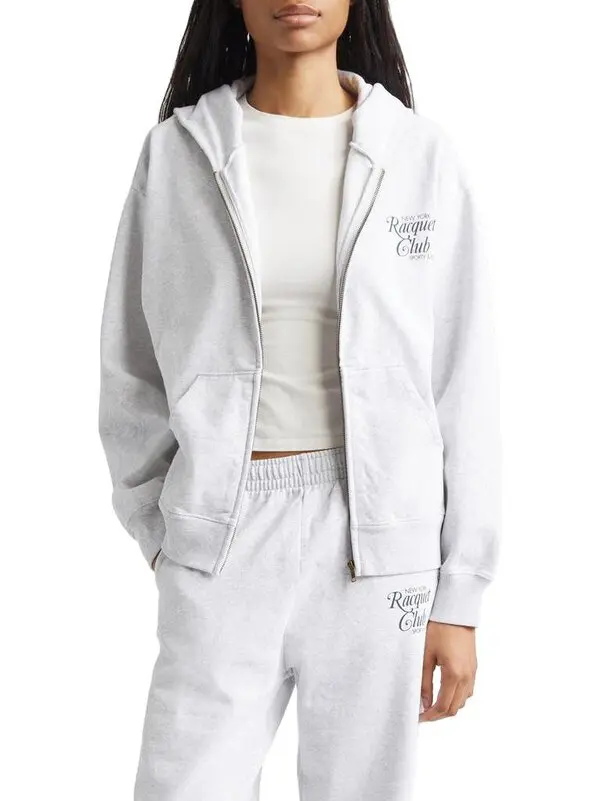 SPORTY & RICH New York Racquet Club Full Zip Fleece Hoodie - Heather Gray