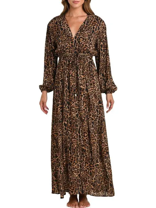 L'Agence Leopard Print Chiffon Maxi Cover-up Dress - Natural