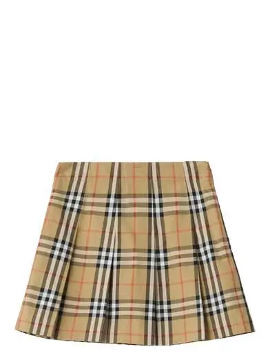 Burberry Pleated Check Cotton Twill Skirt - Sand Beige