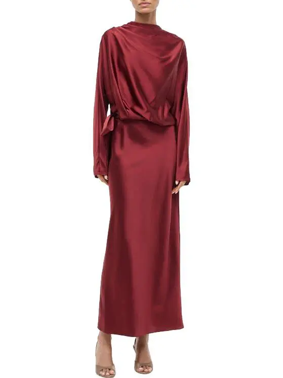 Staud Phoebe Long Sleeve Stretch Silk Dress - Sangria
