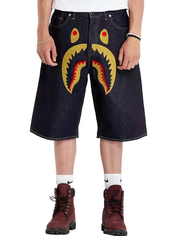 A BATHING APE Banana-head Embroidered Denim Shorts - Blue