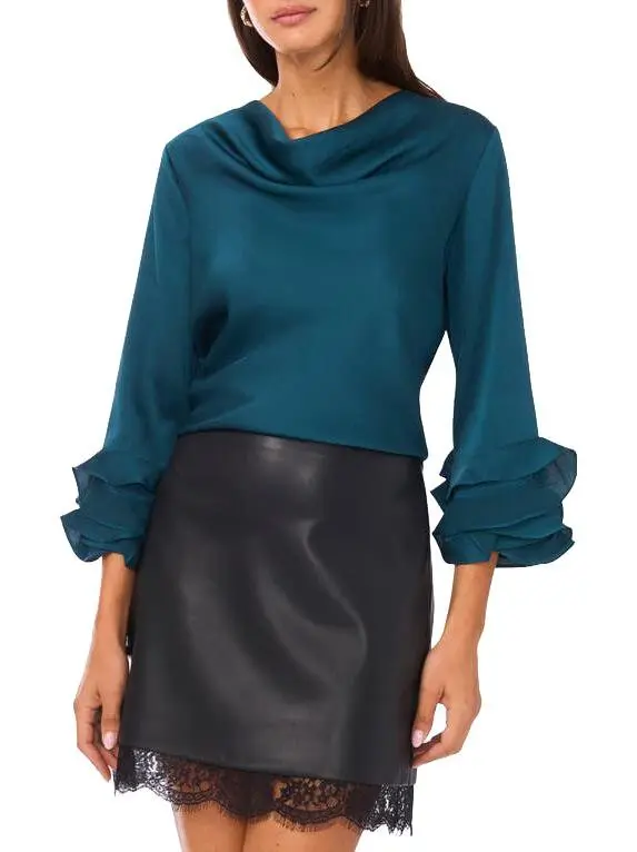 Vince Camuto Tiered Ruffle Sleeve Satin Top - Deep Teal
