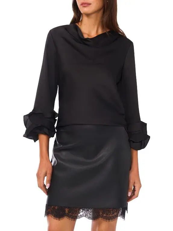 Vince Camuto Tiered Ruffle Sleeve Satin Top - Rich Black
