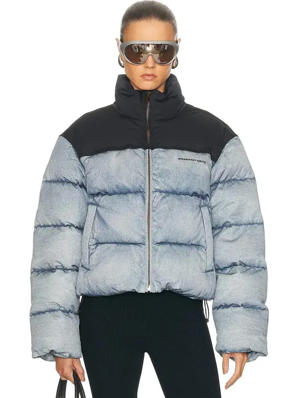 Alexander Wang Trompe Loeil Denim Puffer Jacket - Light Distressed Blue & Black