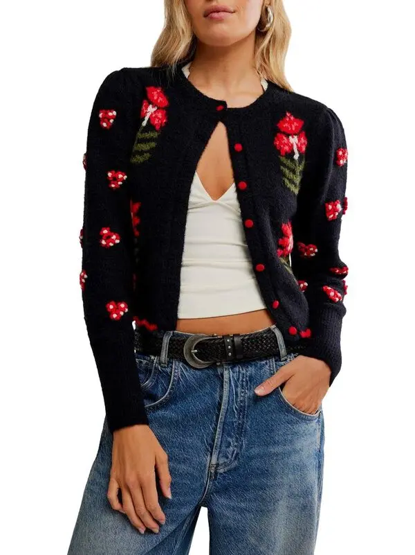 Free People Nonna Floral Jacquard Cotton Cardigan - Midnight Bloom Combo