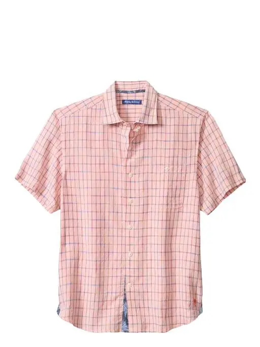Tommy Bahama Sand Linen Manati Plaid Short Sleeve Linen Blend Button-up Shirt - Bright Peach