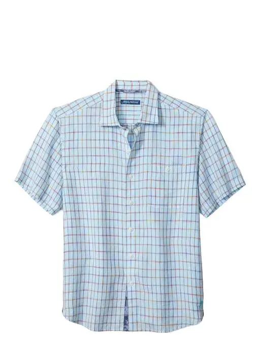 Tommy Bahama Sand Linen Manati Plaid Short Sleeve Linen Blend Button-up Shirt - Turquoise Haze