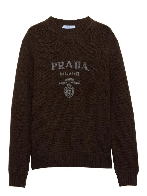 Prada Cashmere And Wool Logo Crew-neck Sweater - Brown