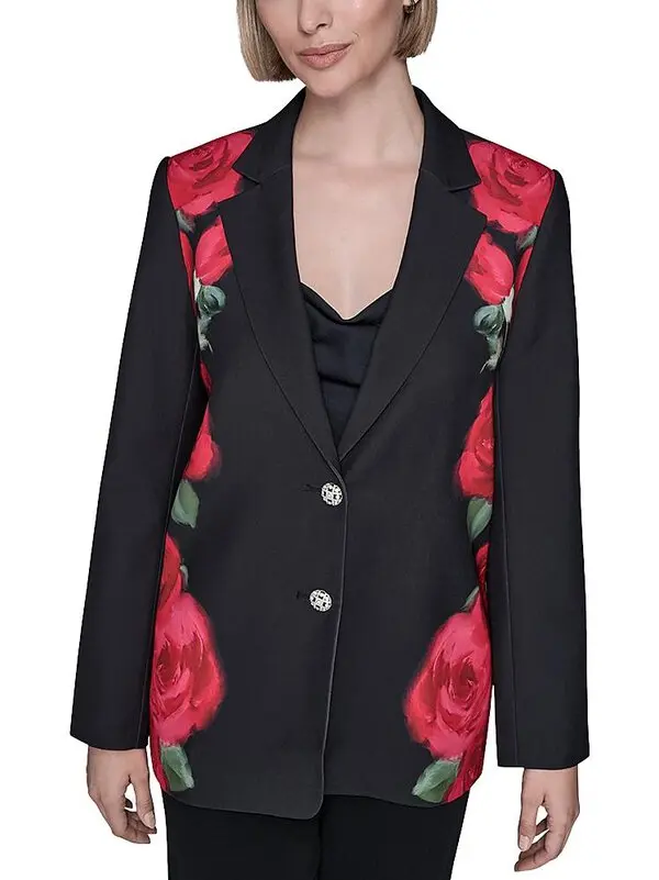 Karl Lagerfeld Paris Floral Notched Lapel Blazer - Black