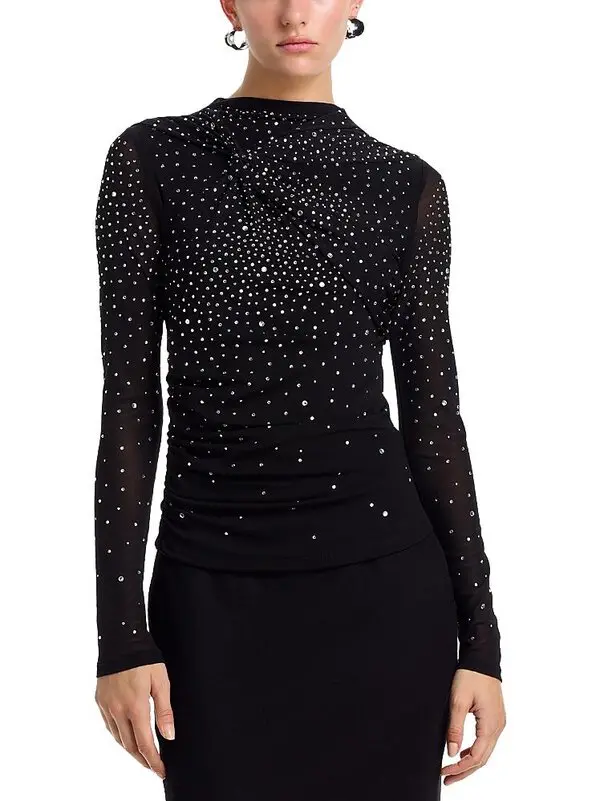 Aqua Rhinestone Mesh Jersey Long Sleeve Top - Black
