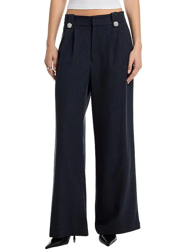 Aqua Pinstripe Rhinestone Button Pants - Navy