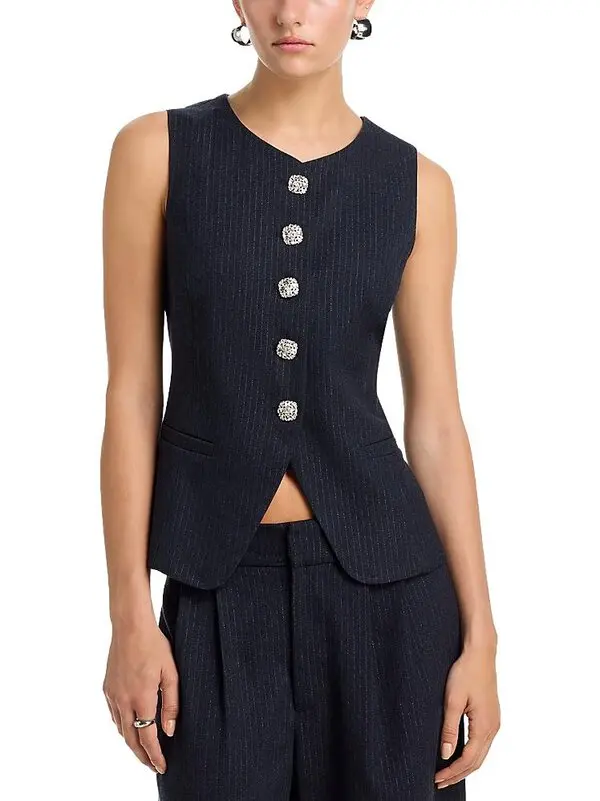 Aqua Pinstripe Rhinestone Button Vest Exclusive - Navy