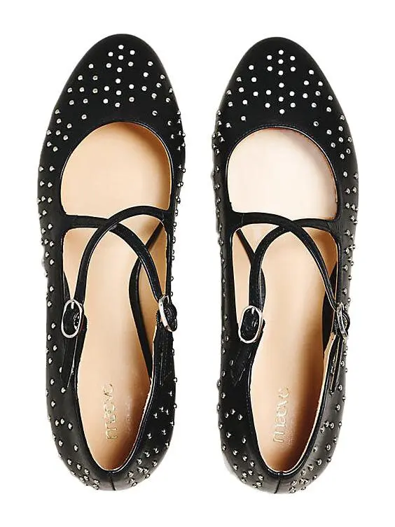Maeve Cross-strap Studded Mary Jane Flats - Black
