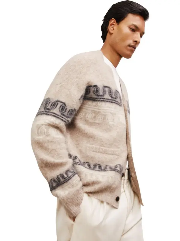 REISS Bruno Wool Blend Fairisle Pattern Cardigan - Oatmeal