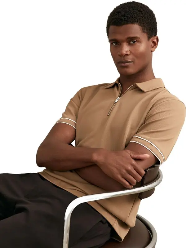 REISS Zain Textured Half-zip Tipped Polo Shirt - Camel