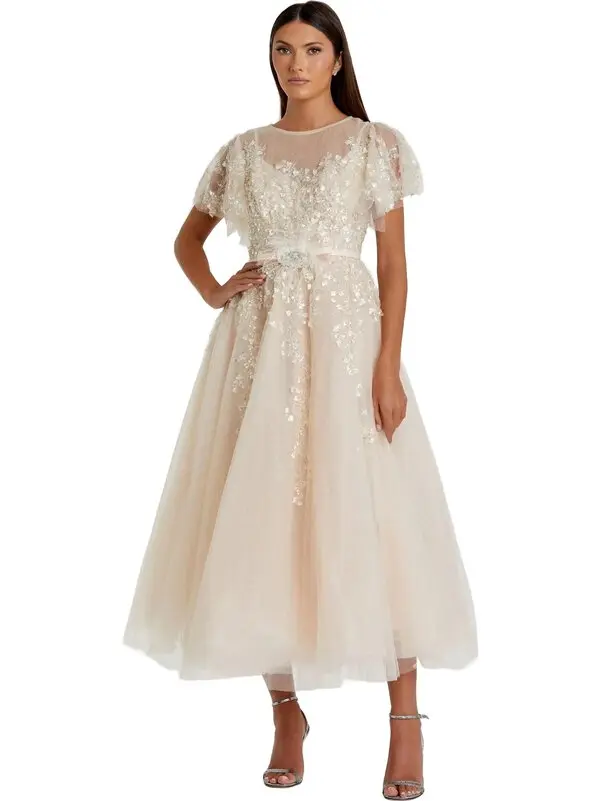 Mac Duggal Embellished Flutter Sleeve A-line Dress With Bow Waist - Neutral