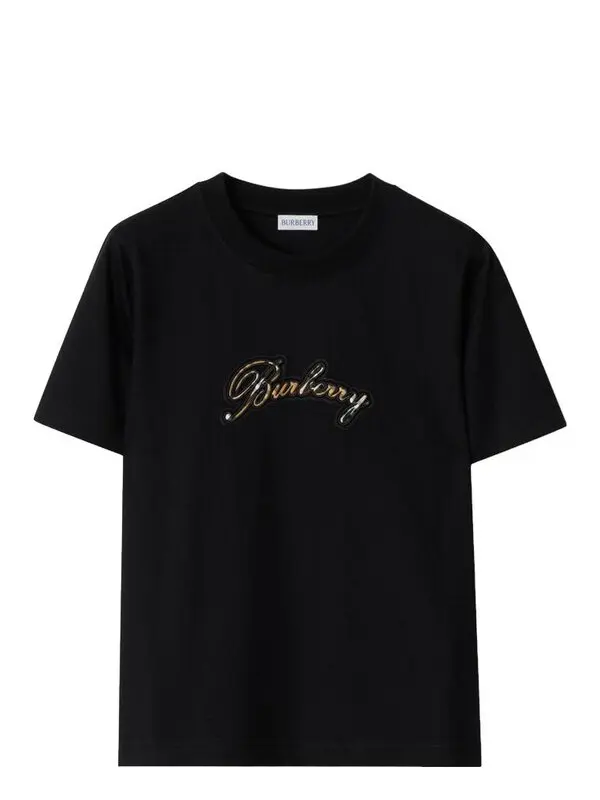 Burberry Check Cursive Logo Cotton T-shirt - Black