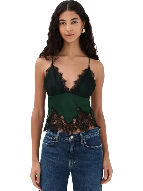 Alice + Olivia Claudia V-neck Lace Slip Top - Green Mystique/black