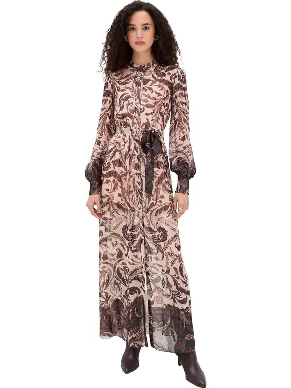 Hemant & Nandita Floral Print Chiffon Maxi Shirt Dress With Belt And Slip - Eggshell