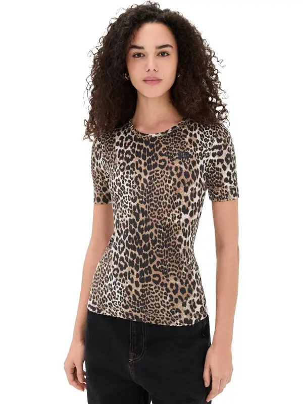 GANNI Soft Cotton Rib Short Sleeve T-shirt - Leopard
