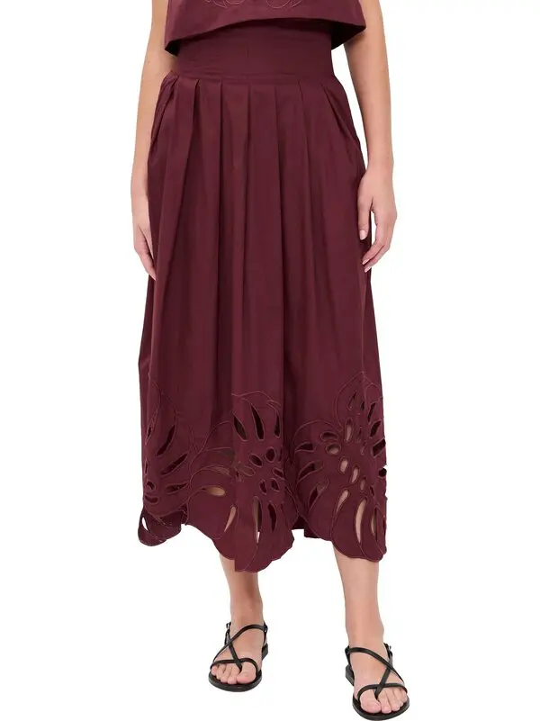 DRESS TO Foliage Embroidered Cotton Skirt - Wine