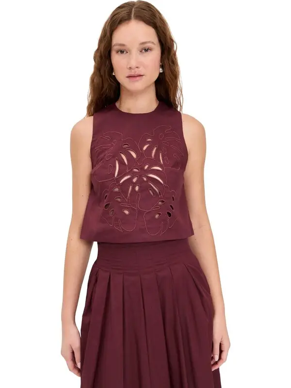DRESS TO Cotton Blouse With Foliage Embroidery - Wine