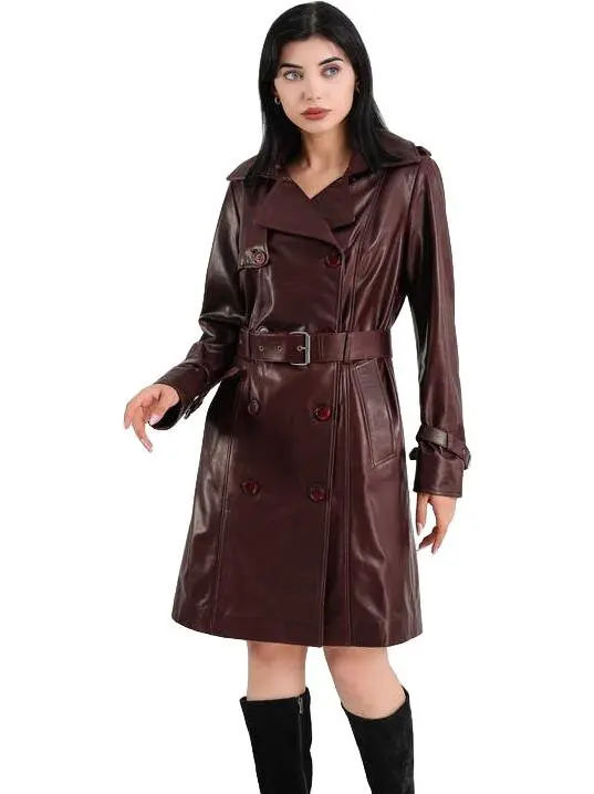 FURNIQ UK Leather Trench Coat - Burgundy