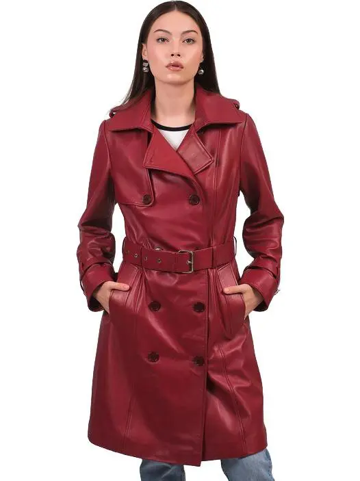 FURNIQ UK Leather Trench Coat - Light Burgundy