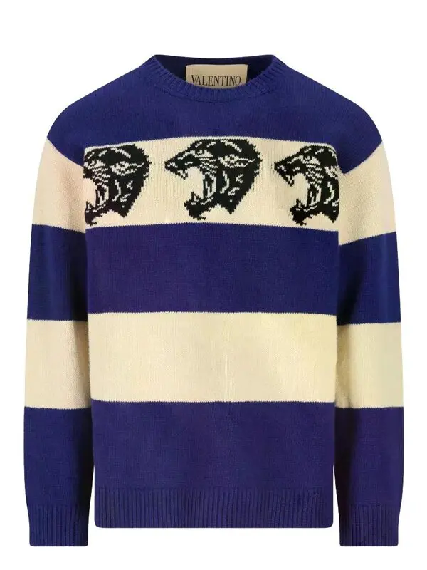 Valentino Garavani Panther-jacquard Striped Jumper - Blue