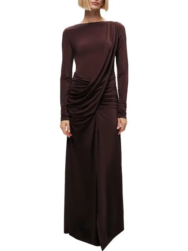 NOCTURNE Asymmetric Draped Open-back Dress - Dark Brown