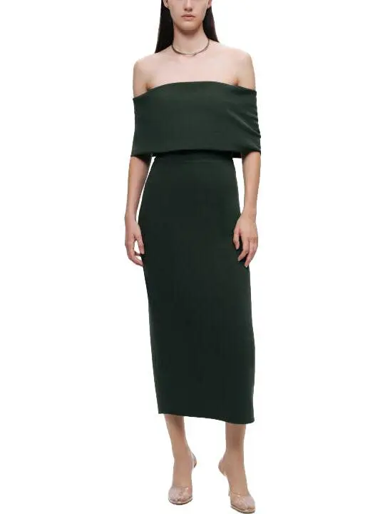 NOCTURNE Off-shoulder Foldover Column Midi Dress - Dark Green