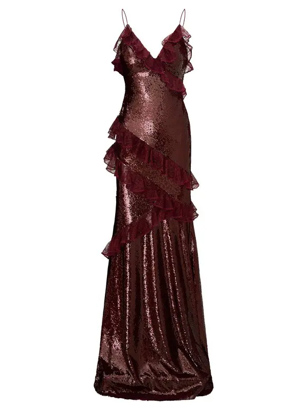 LoveShackFancy Rialto Lace-trimmed Sequined Maxi Dress - Burgundy