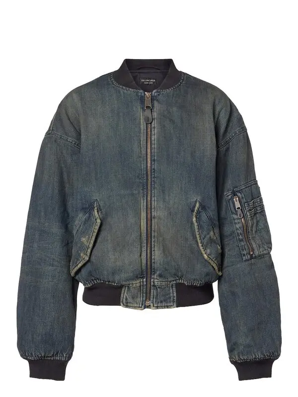 Balenciaga Distressed Denim Bomber Jacket - Blue
