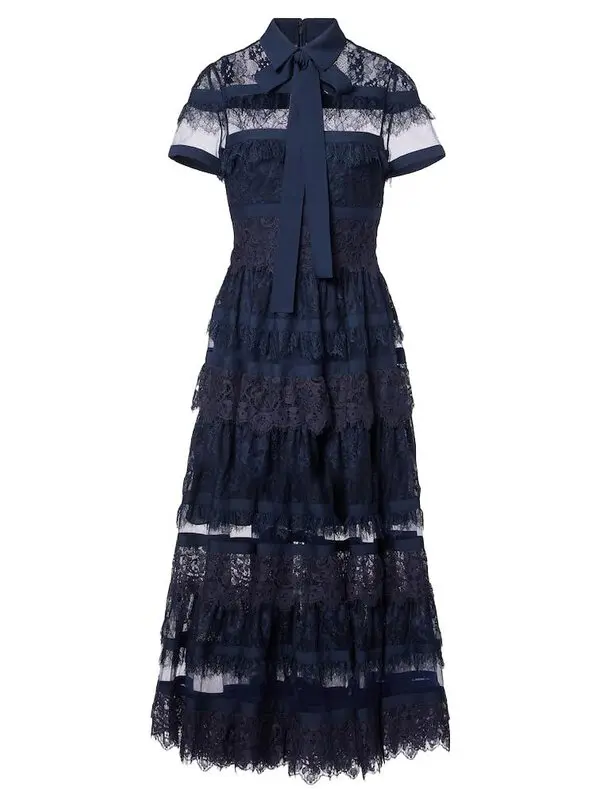 Elie Saab Tie-neck Lace Midi Dress - Blue