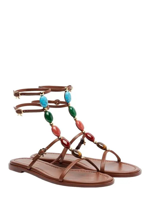 GIANVITO ROSSI Shanti Embellished Leather Sandals - Brown