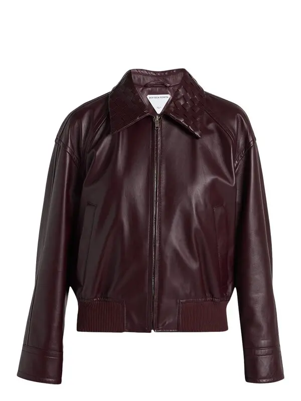 Bottega Veneta Intrecciato Collar Leather Bomber Jacket - Red/multi