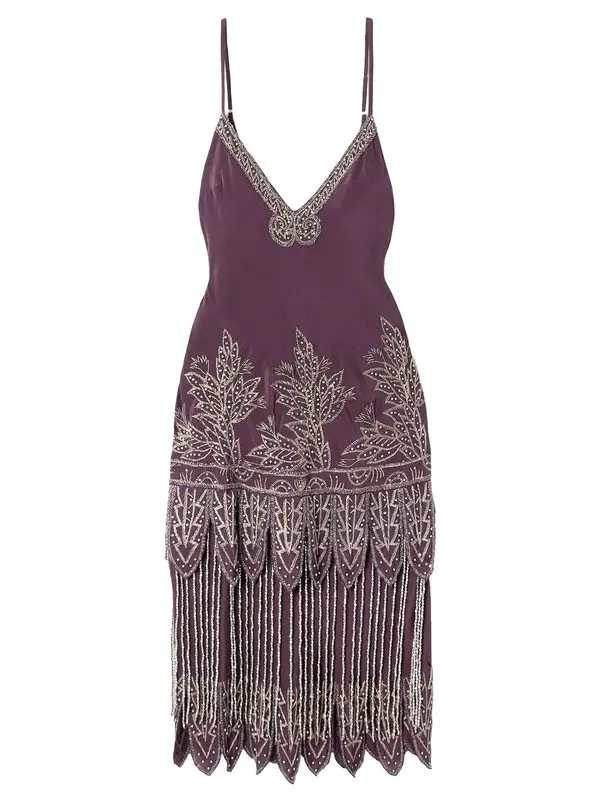 BODE Epoque Fringed Embellished Midi Dress - Purple