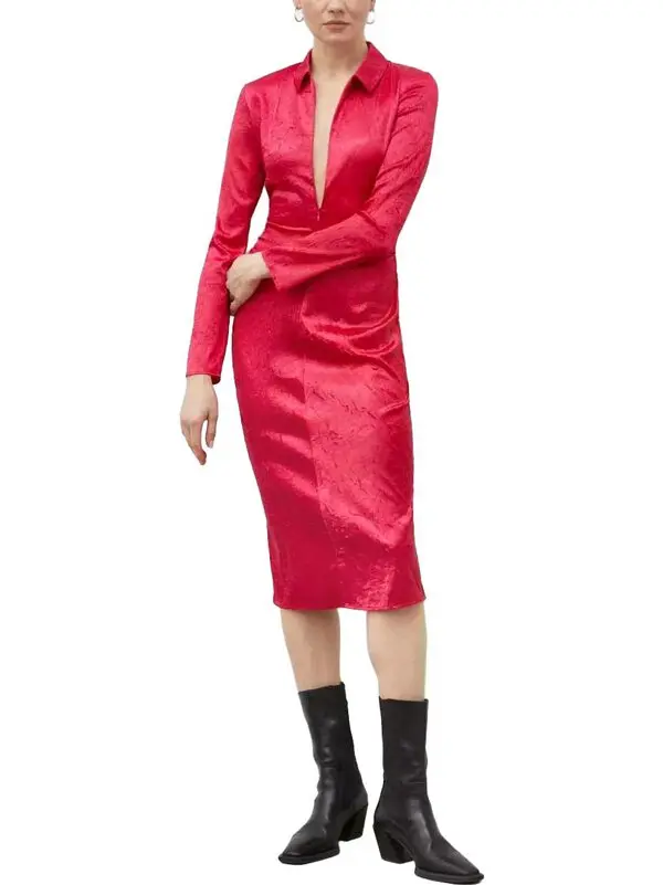 SAMSOE SAMSOE Long-sleeve Collared Midi Dress - Pink
