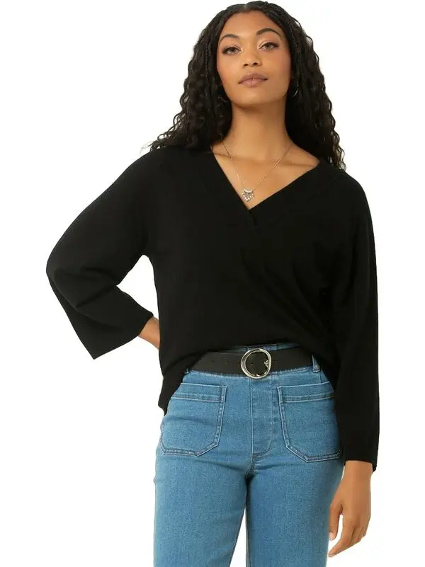 SINGLE STITCH Drop Shoulder V-neck Sweater - Black