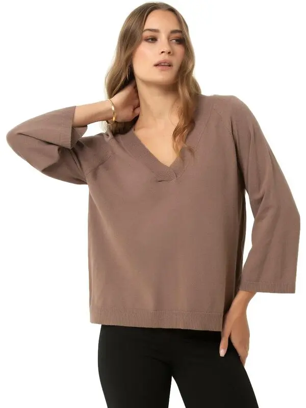 SINGLE STITCH Drop Shoulder V-neck Sweater - Deep Taupe