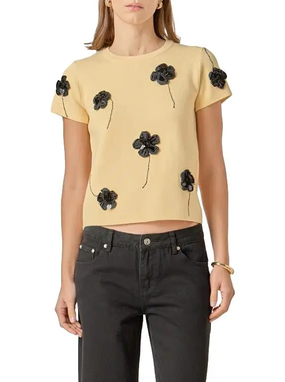 English Factory Floral Embellished Knit Top - Butter Yellow/black
