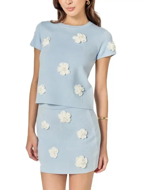 English Factory Floral Embellished Knit Top - Powder Blue/white