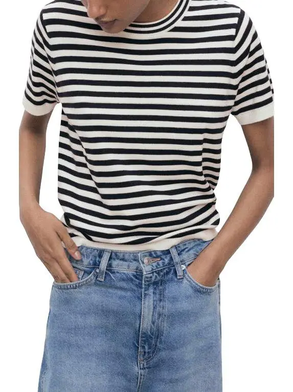 Mango Stripe Short-sleeve Sweater - Navy
