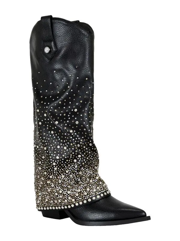 AZALEA WANG Beth Studded Western Boots - Black