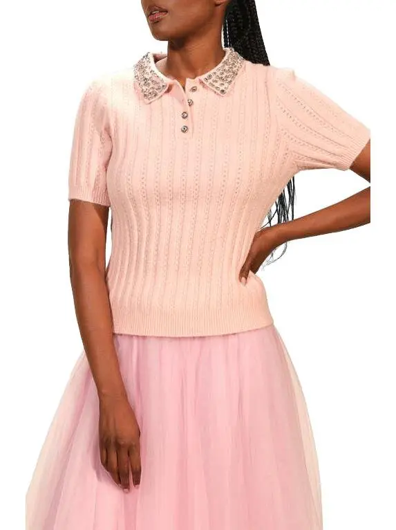 ISAAC MIZRAHI NEW YORK Crystal Accent Polo Sweater - Pale Blush