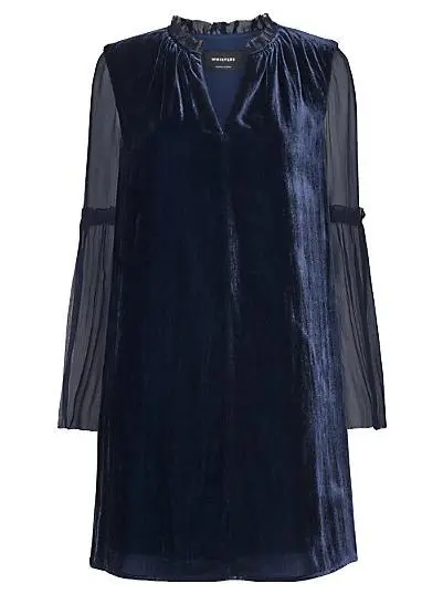 Whistles Frill-neck Sheer-sleeve Velvet Mini Dress - Navy