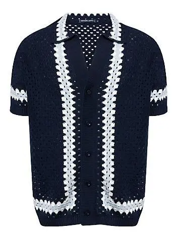 Frescobol Carioca Pinto Crochet Short-sleeves Cotton Cardigan - Navy