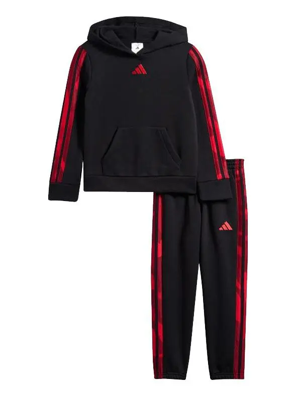 Adidas Camo 3-stripe Pullover Hoodie And Jogger Pants Set - Black/red