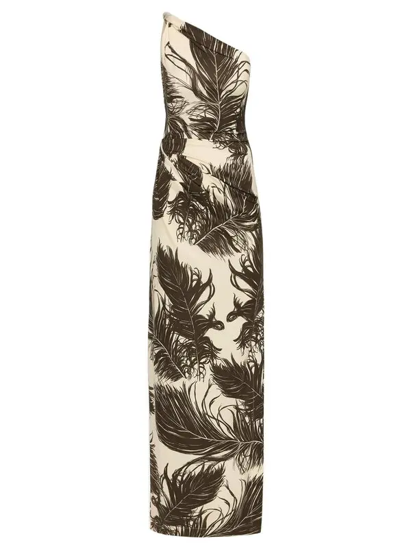 Oscar De La Renta Feather Print Jersey Maxi Dress - Beige