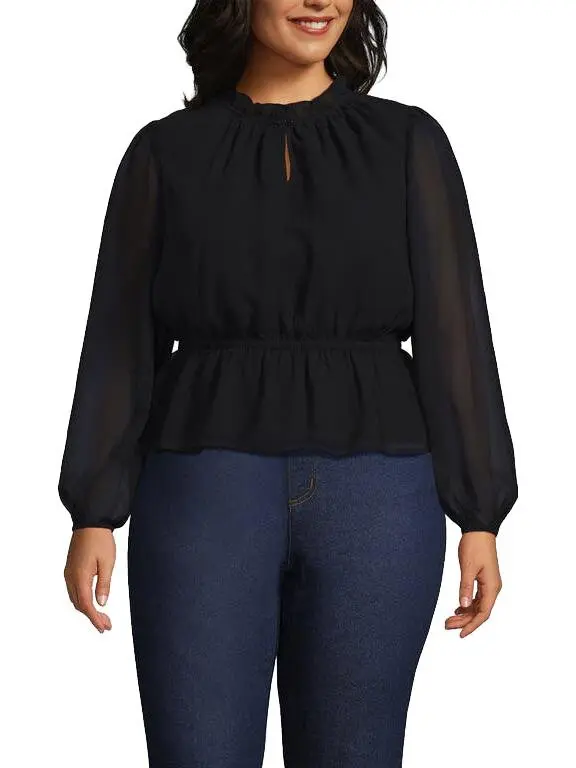 LANDS' END Chiffon Peplum Top - Black